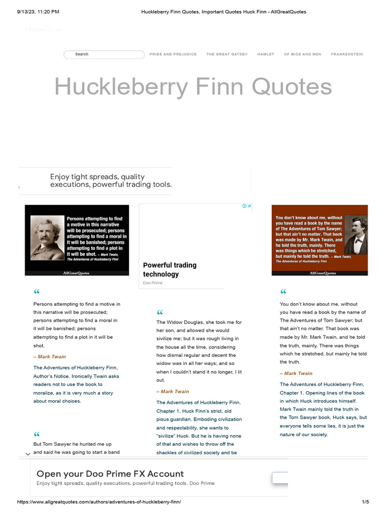 Huckleberry Finn Quotes, Important Quotes Huck Finn - AllGreatQuotes ...