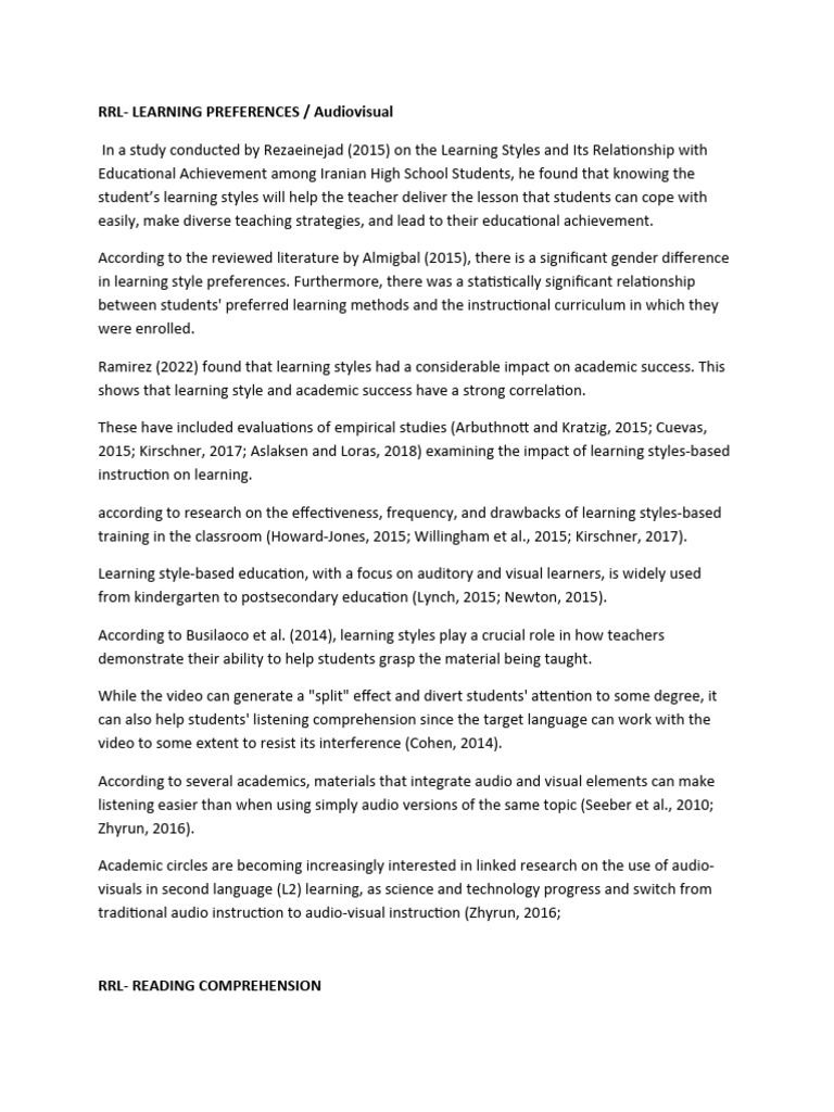 RRL-Learning Preferences - Audiovisual - RRL Reading Comprehension ...