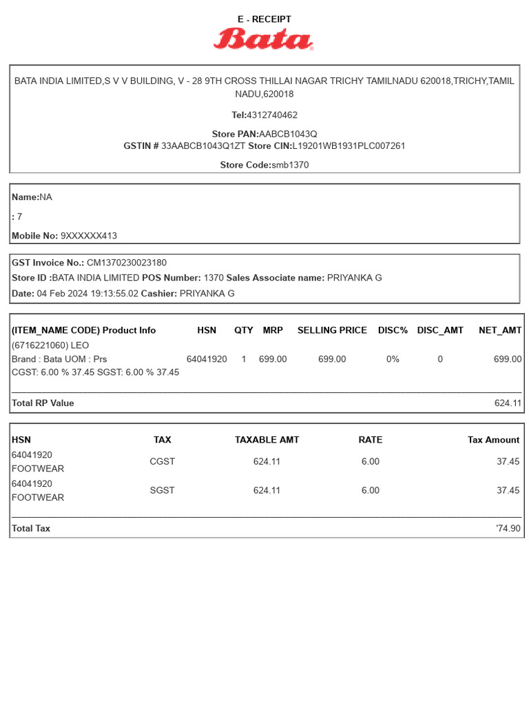 Bata India Limited E-Receipt 2024 | PDF | Receipt | Taxes