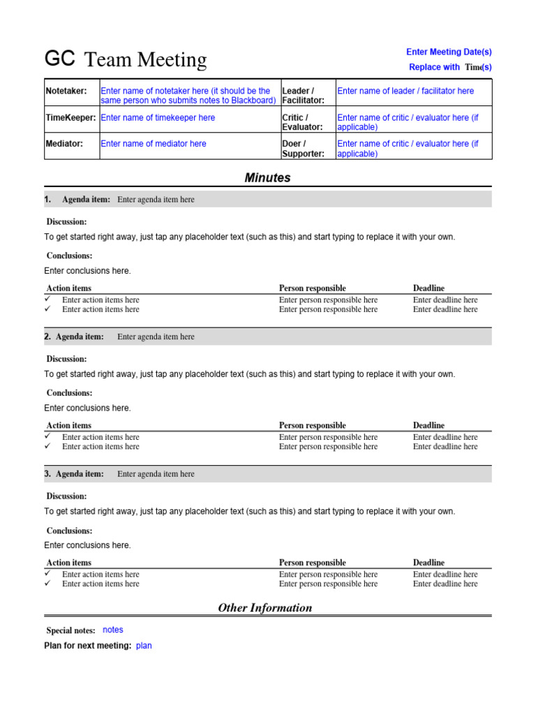 GC Team Meeting Mintues Template Updated Fall 2023 | PDF