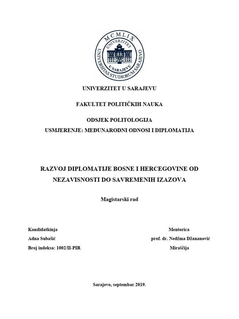 Adna Subašić Master Teza Razvoj Diplomatije BiH Od Nezavisnosti Do ...