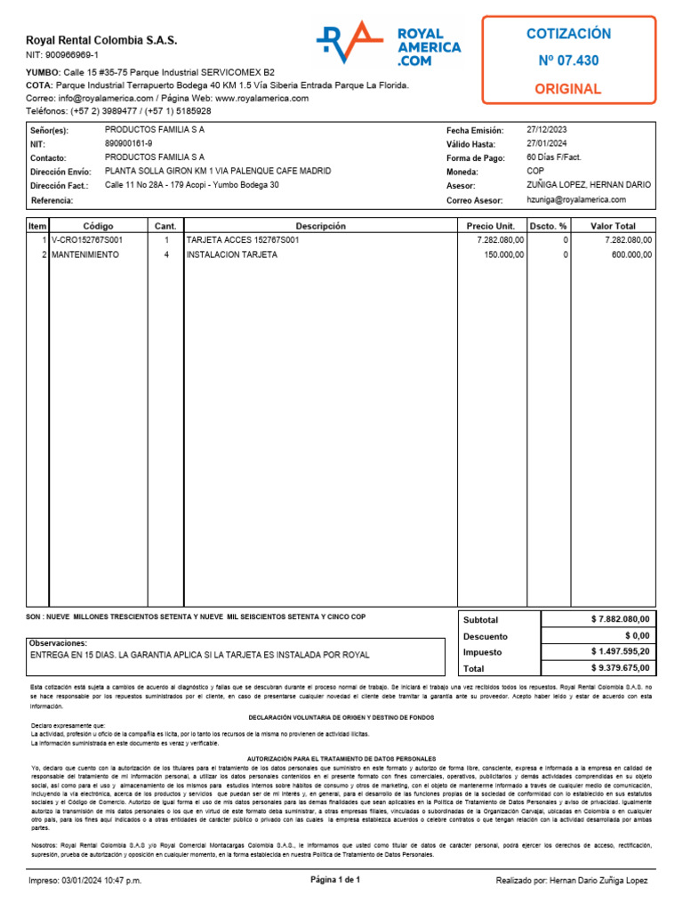 Cotización de Productos y Servicios COP | PDF | Business | Privacidad