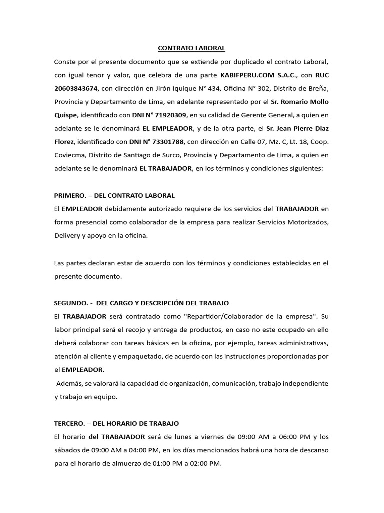 CONTRATO LABORAL REPARTIDOR - KABIFPERU | PDF | Derecho laboral | Economias