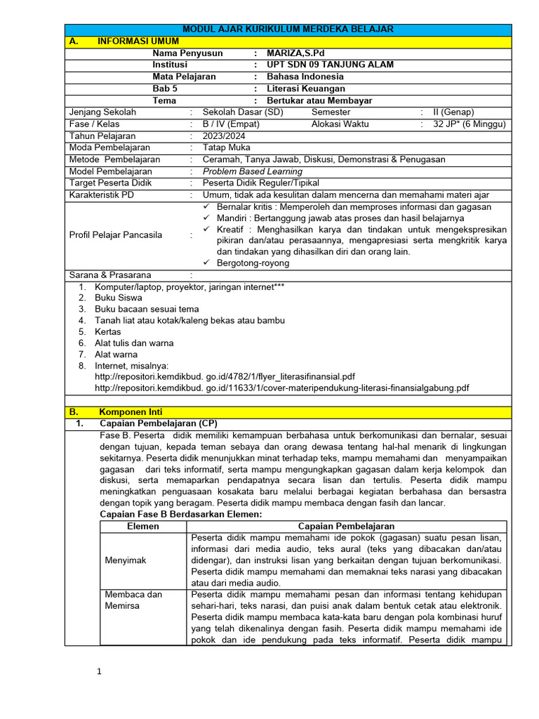 B. Modul Ajar Bahasa Indonesia KLS Iv SMS 2 | PDF