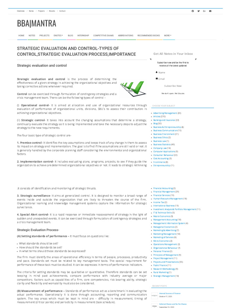 Strategic Evaluation and Control Notes - BBA - Mantra | PDF
