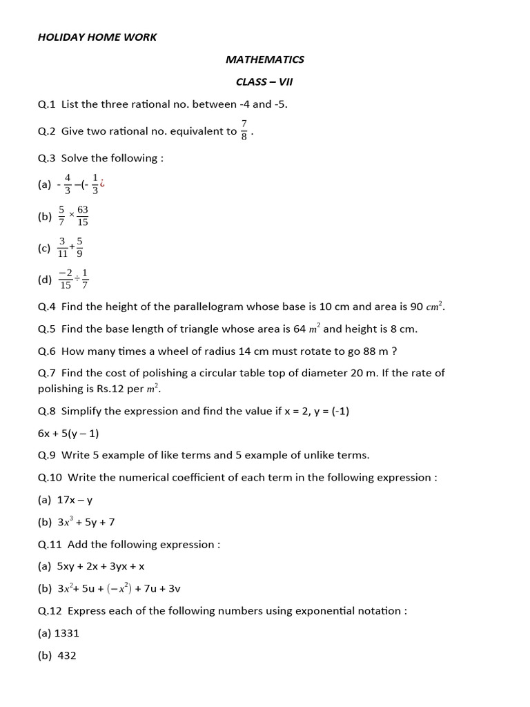 Class VII Math Holiday Homework | PDF