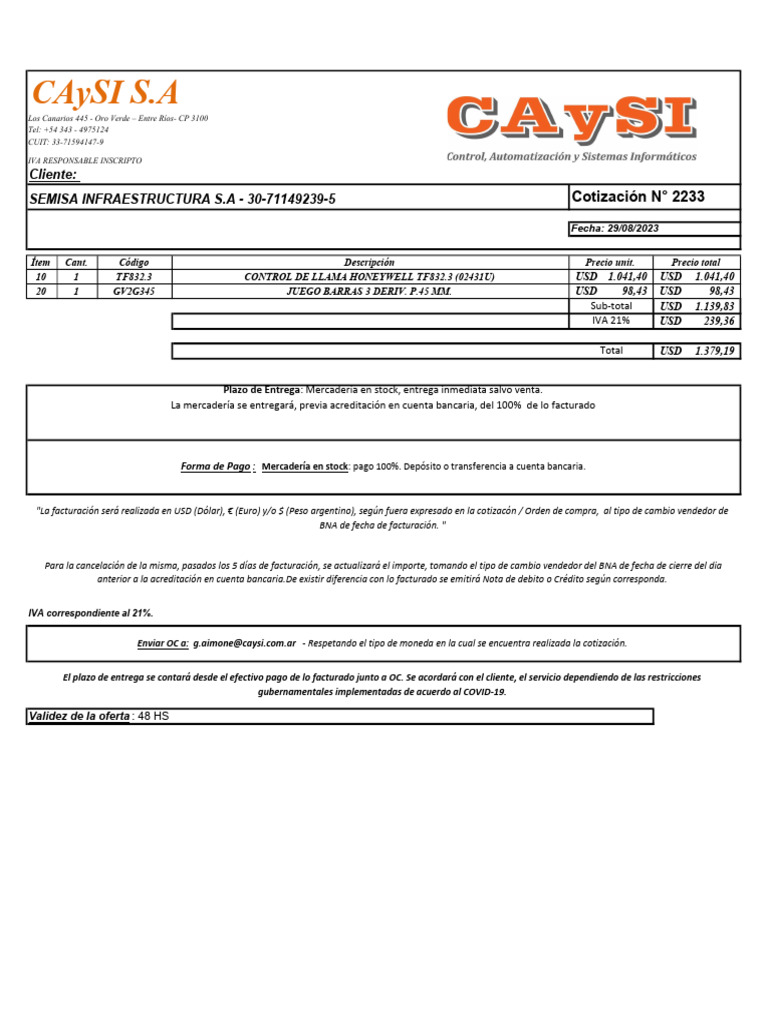 Cotización #2233-SEMISA INFRA. - CONTROLADOR DE LLAMA + BARRA ...