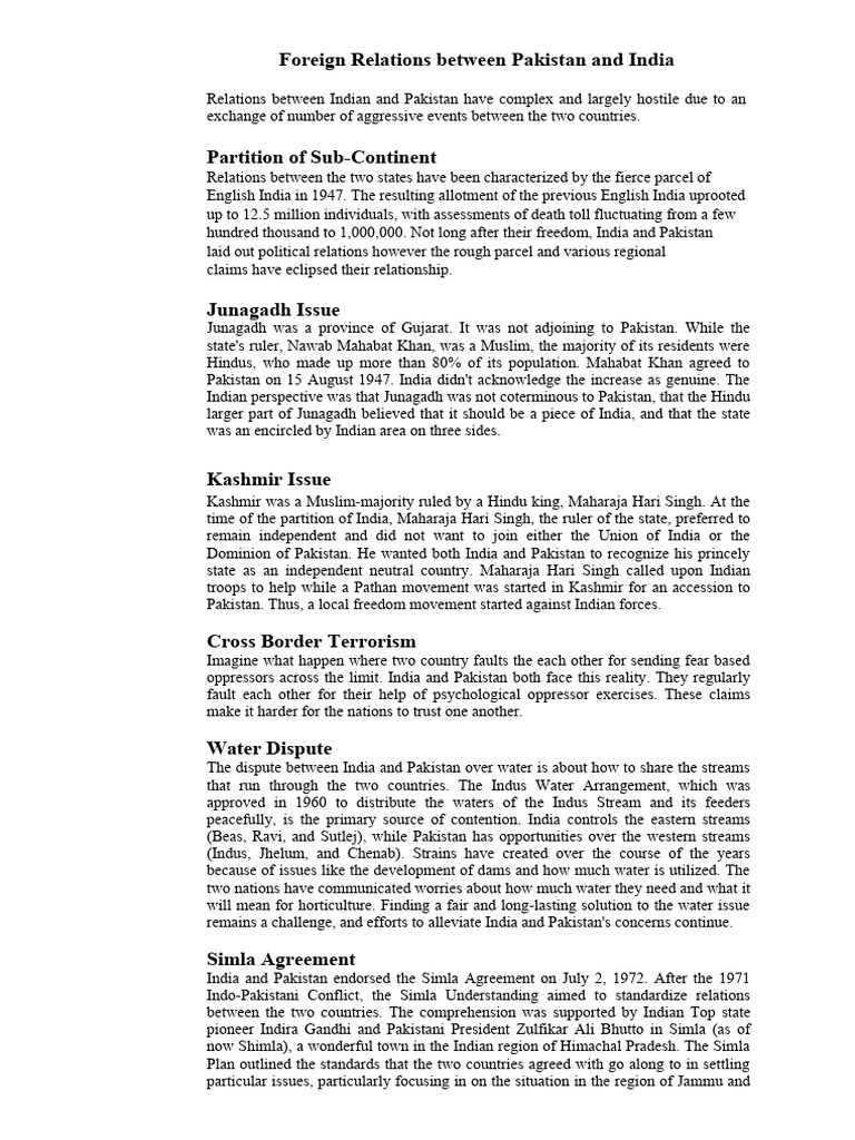 Pak-Studies - Foreign Relations Between Pakistan and India | PDF ...