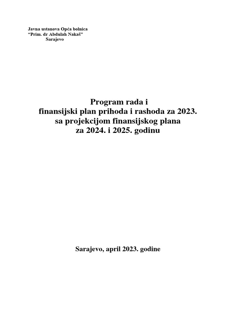015 Program Rada I Finansijski Plan Prihoda I Rashoda Za 2023. Godinu ...