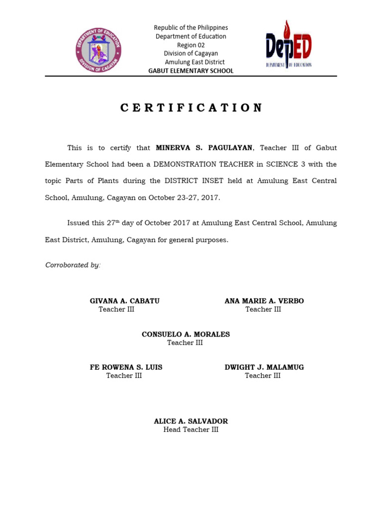 Certification: Gabut Elementary School | PDF