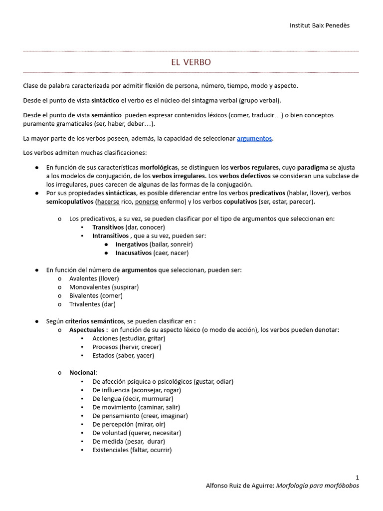 1 1 Tipos Del Verbo Pdf Verbo Predicado Gramática
