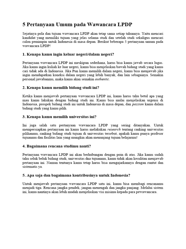 Pertanyaan Umum Pada Wawancara LPDP | PDF | Karier & Perkembangan