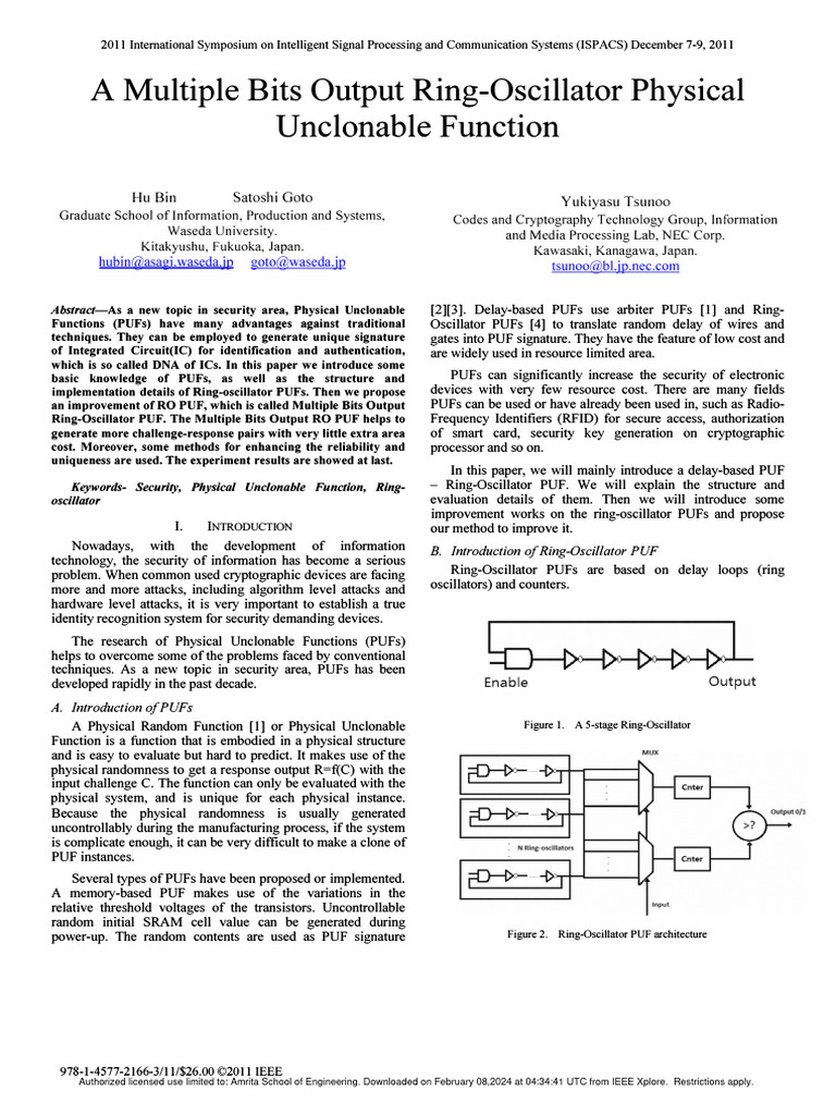 A Multiple Bits Output Ring-Oscillator Physical Unclonable Function ...