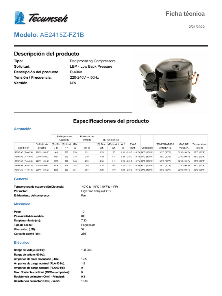 Compresor Tecumseh AE2415Z-FZ1B Especificaciones | PDF | Ingeniería de ...