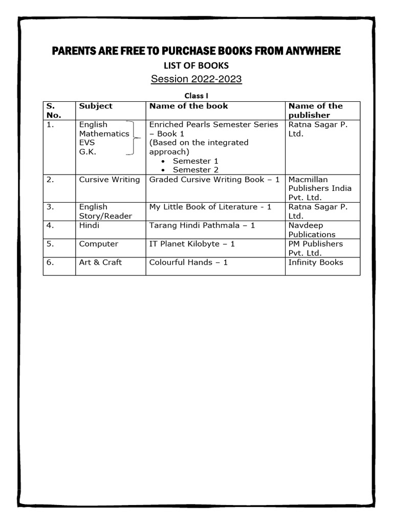 Class 1 Book List 2022-2023 | PDF
