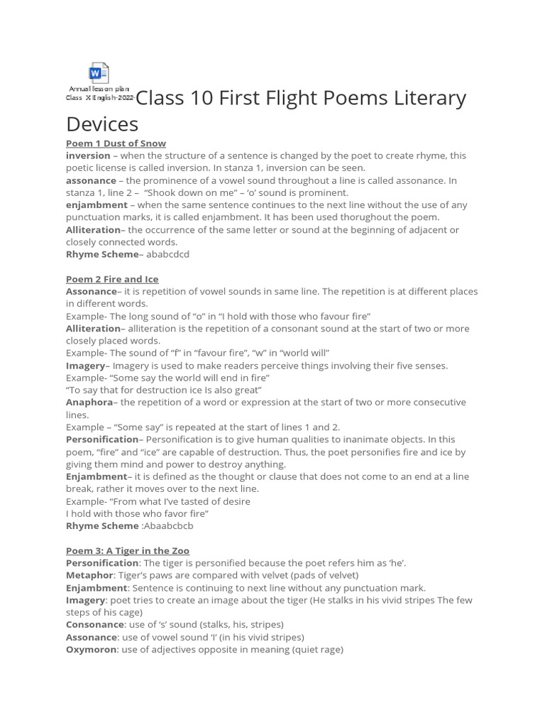 Class 10 All Poems Literary Devices | PDF | Poetry | Rhyme