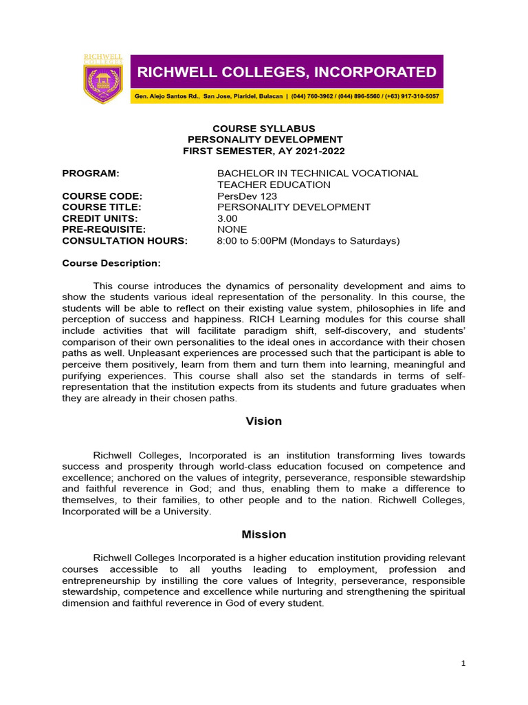 OBE Syllabus - Personality Development - BTVTE | PDF | Learning | Educational Assessment