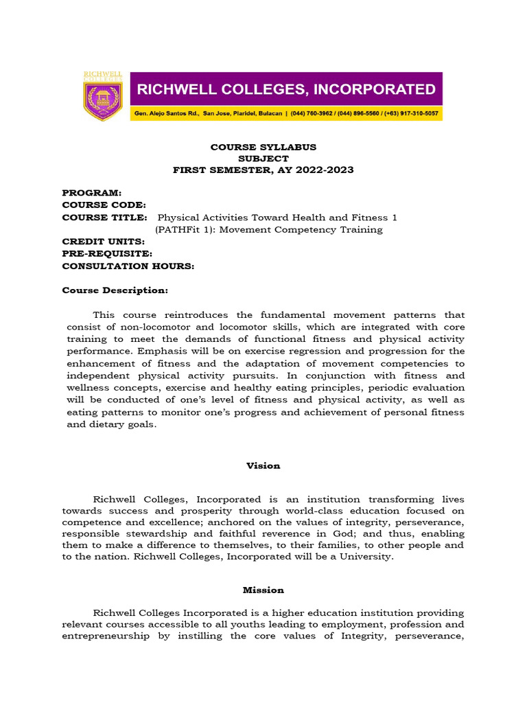 Pe1 Rci Course Syllabus Pathfit 1 6 | PDF | Dances | Rhythm