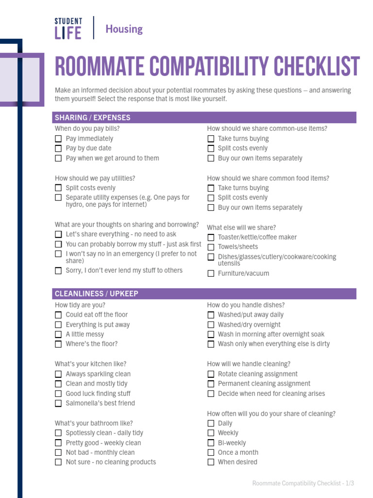 Roommate Compatibility Checklisttttttt | PDF