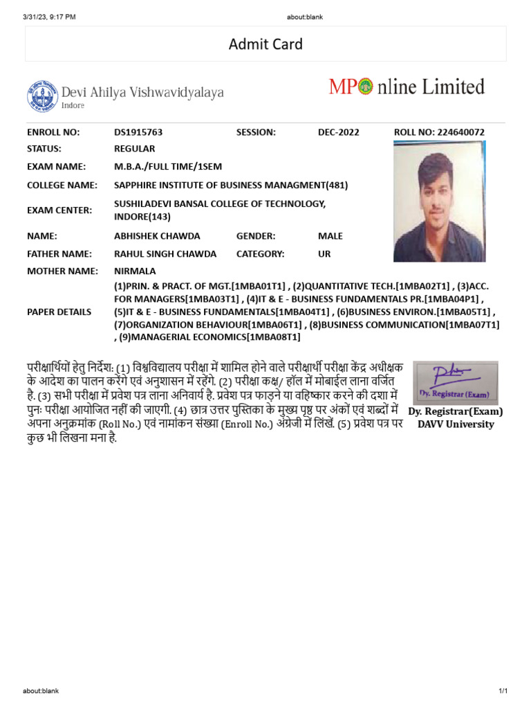 Mba Admit Card | PDF