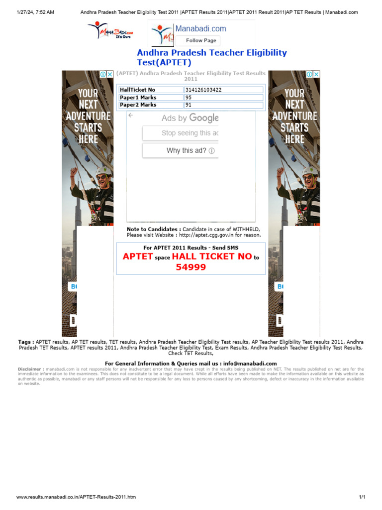 APTET 2011 Results and Hall Ticket Info | PDF | Evaluation Methods ...