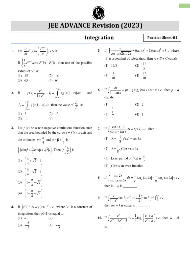 Integration - Practice Sheet 01 - JEE Advance 2023 | PDF | Functions ...