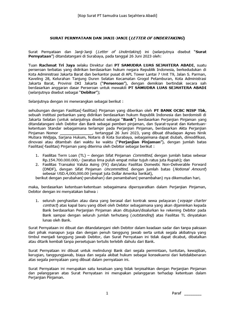 Draft Surat Pernyataan (Letter of Undertaking) - PT SLSA - Ar RKN - To ...
