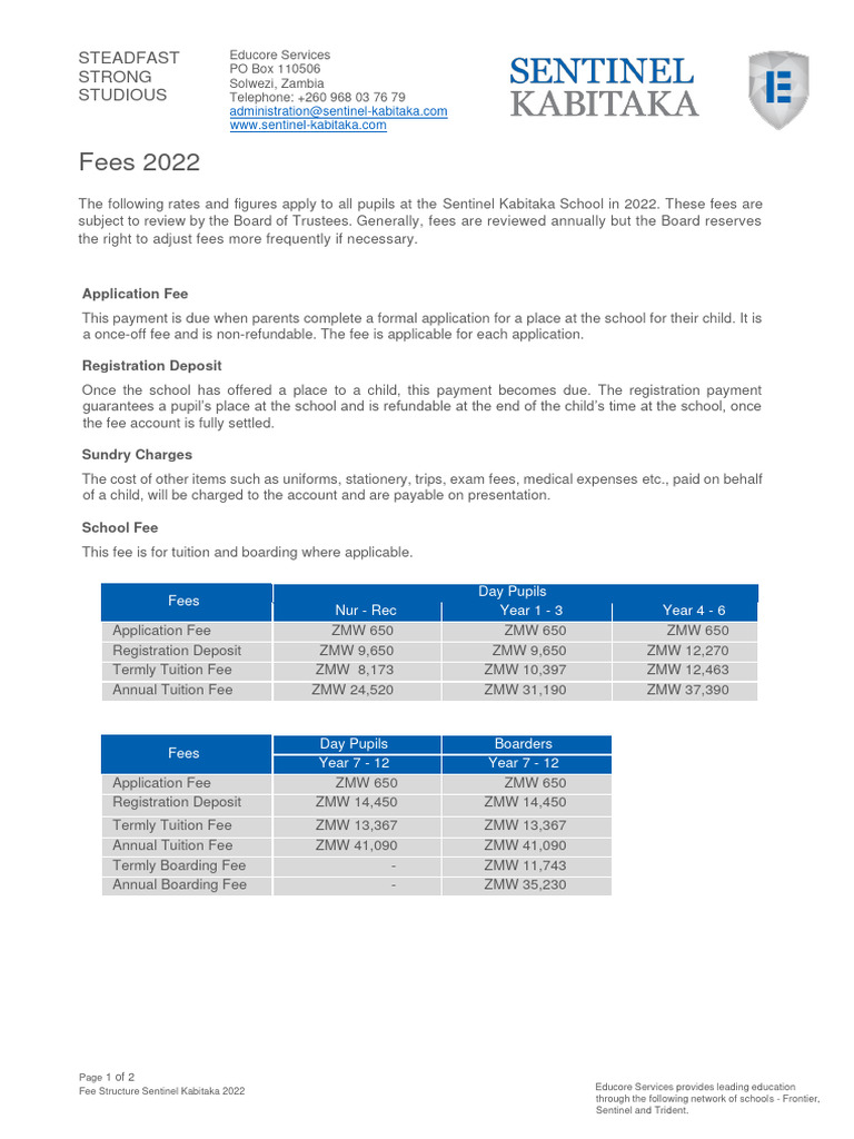 Fee Structure Sentinel Kabitaka 2022 | PDF | Cheque | Fee