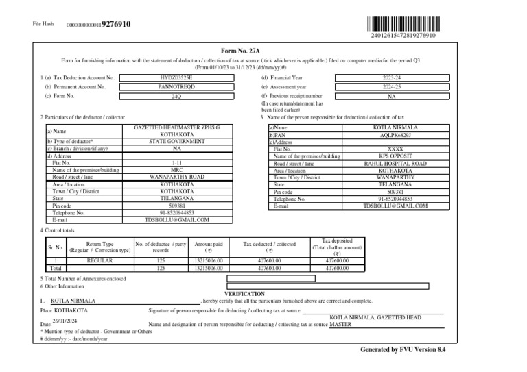 TDS Form 27A Submission Q3 2023-24 | PDF | Public Finance | Taxation