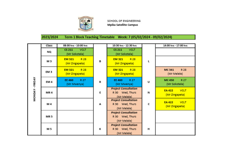 Term 1 Week 7 2023 2024 Block Learning Time Table Mpika Campus - 115625 ...