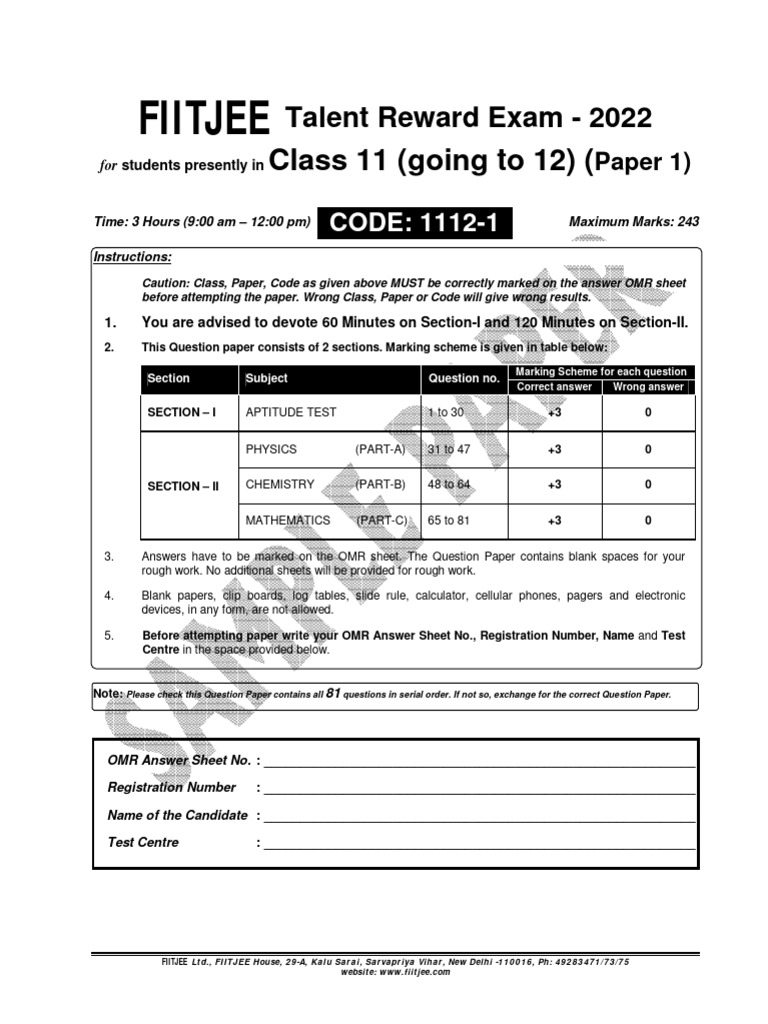 Sample Paper Ftre 2022 Class Xi p1 At+pcm | PDF