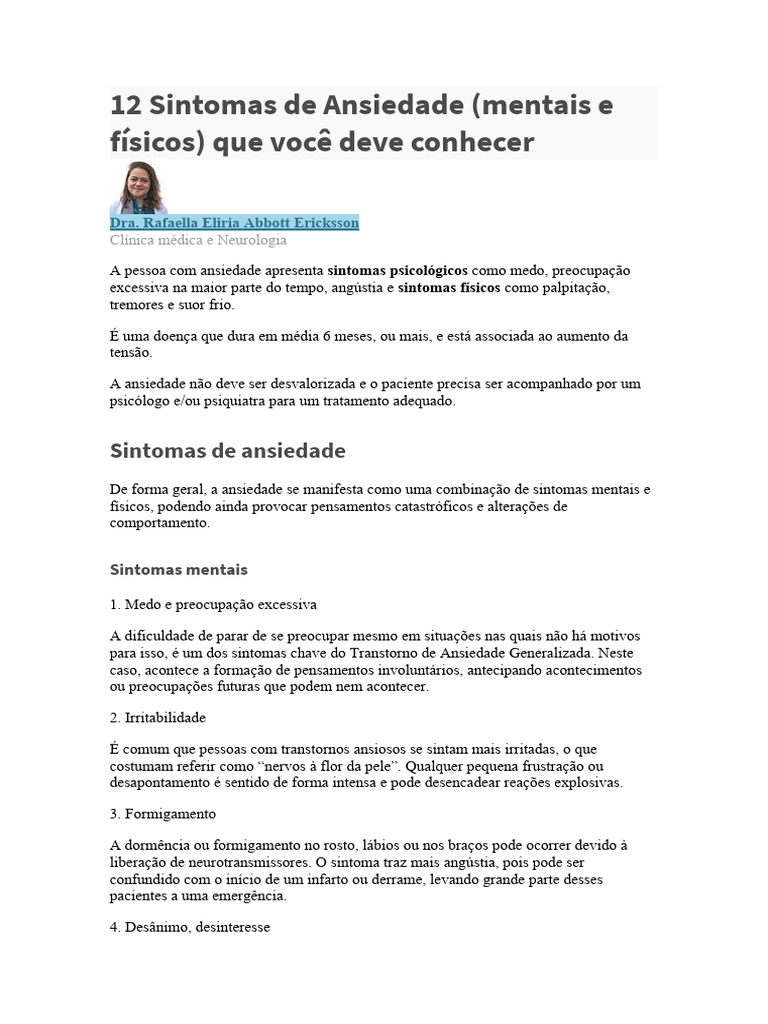 12 Sintomas de Ansiedade | PDF | Ansiedade | Medicina Clínica