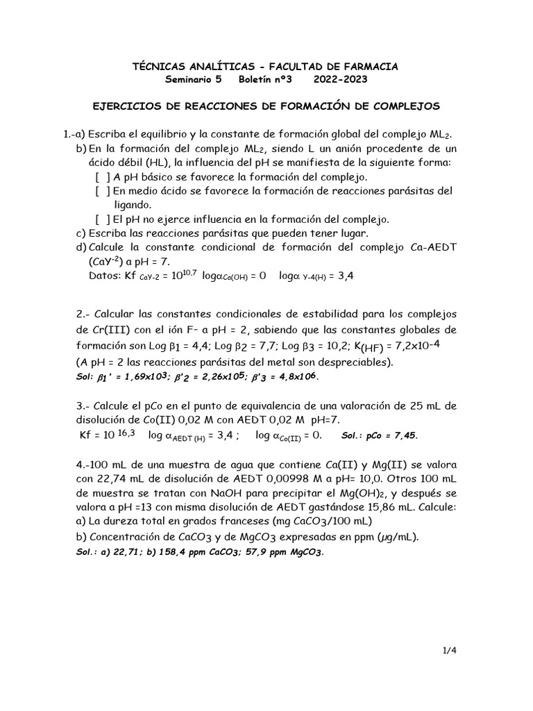 Ejercicios de Complejación y Valoración en Química Analítica | PDF ...