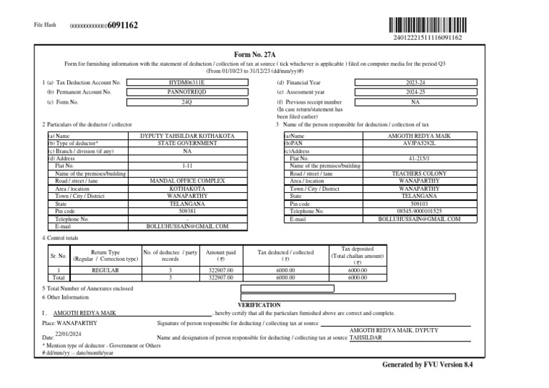 Tax Deduction Statement Q3 2023-24 | PDF