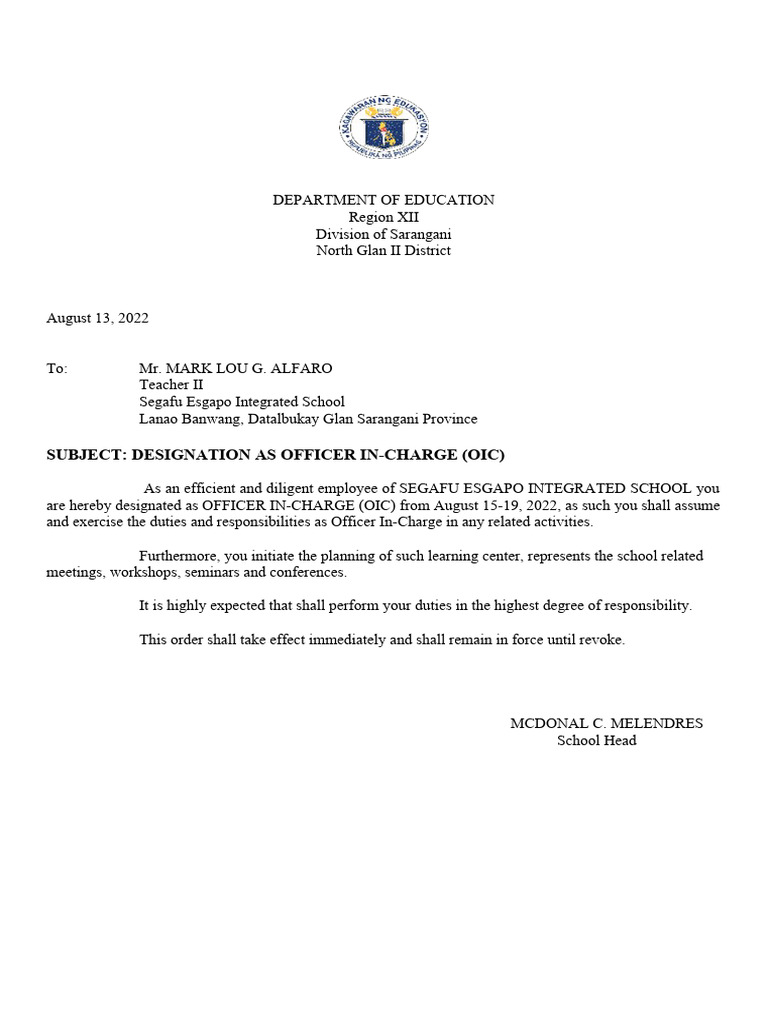 Designation Order OIC | PDF | Philippines