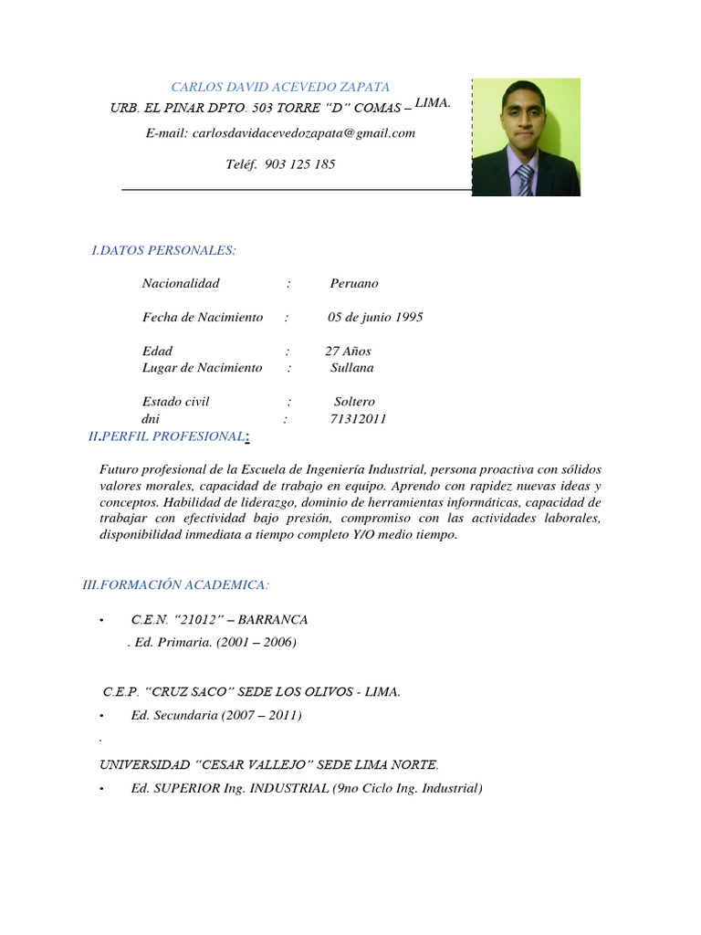 CV Carlos Acevedo Zapata | PDF | Perú | Informática
