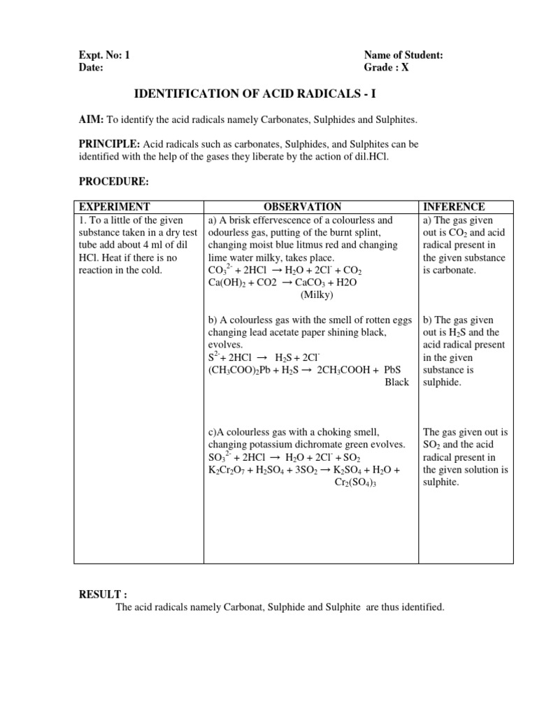 Experiment No 1 Identification Of Acid Radical I Pdf
