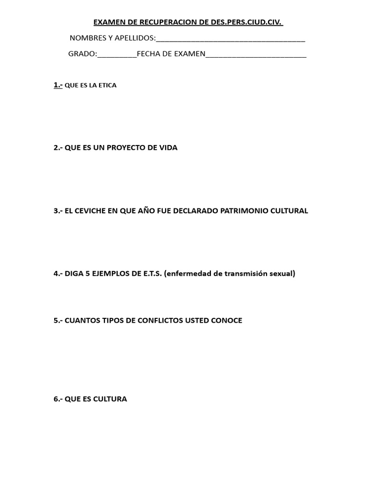 Examen de Recuperacion de Dpcc 5 Secundaria | PDF