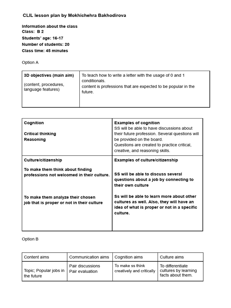 CLIL Lesson Plan: Future Professions | PDF | Lesson Plan | Reason