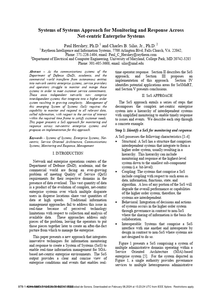 Systems of Systems Approach For Monitoring and Response Across Net-Centric Enterprise Systems ...