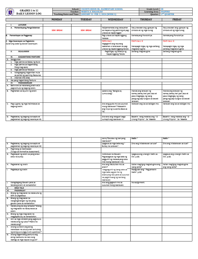 DLL Filipino-3 Q3 W1 | PDF