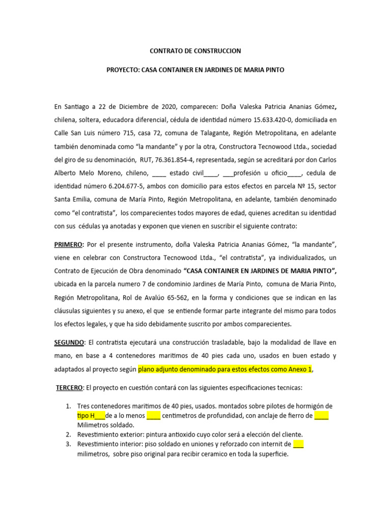 Contrato de Construccion Ananias | PDF | Paneles de yeso | Ingeniería de Edificación