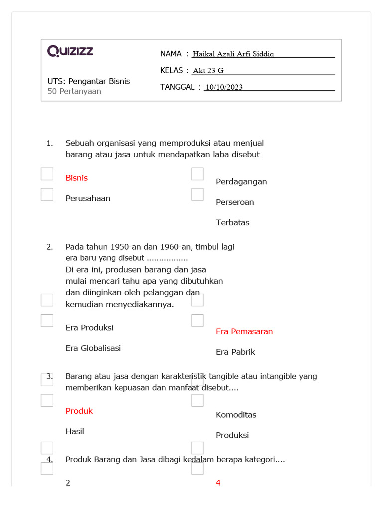 UTS Pengantar Bisnis 2023 Ganjil | PDF | Bisnis