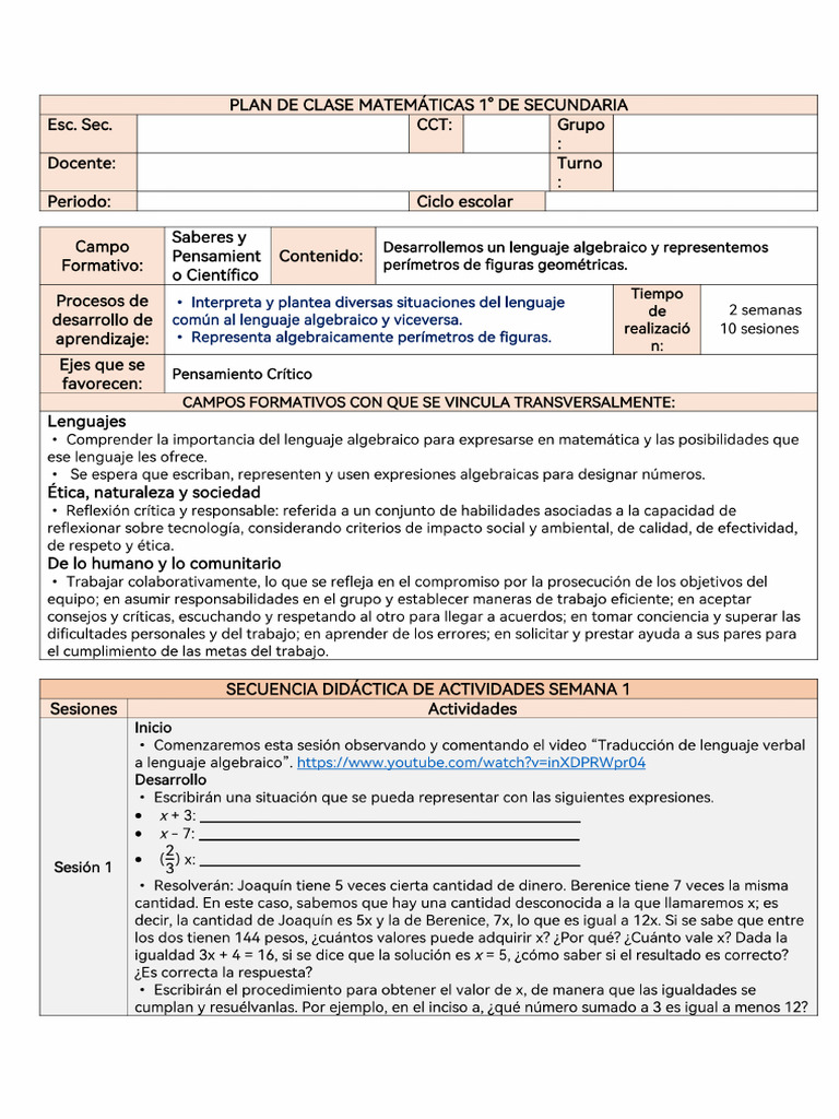 Planeacion Lenguaje Algebraico y Areas Con Algebra | PDF