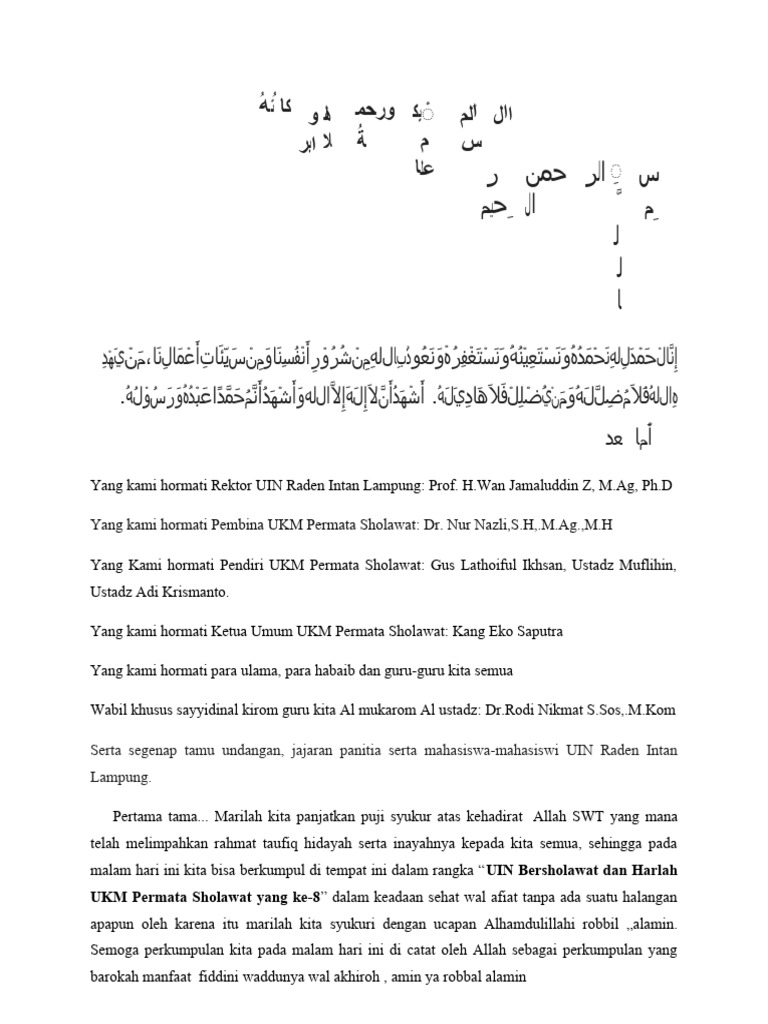 Teks MC Harlah Ukm Permata Sholawat | PDF