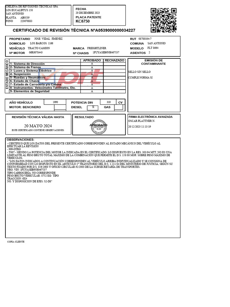 Cris Certif Rev Tecnica A Firm A | PDF | Camión | Tecnología de vehículos