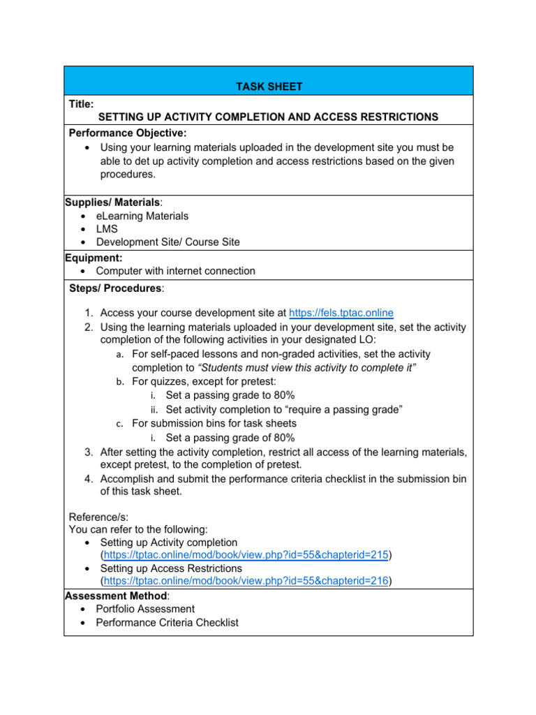 13 TASK SHEET - Seting Up Activity Completion and Restrictions (Revised ...