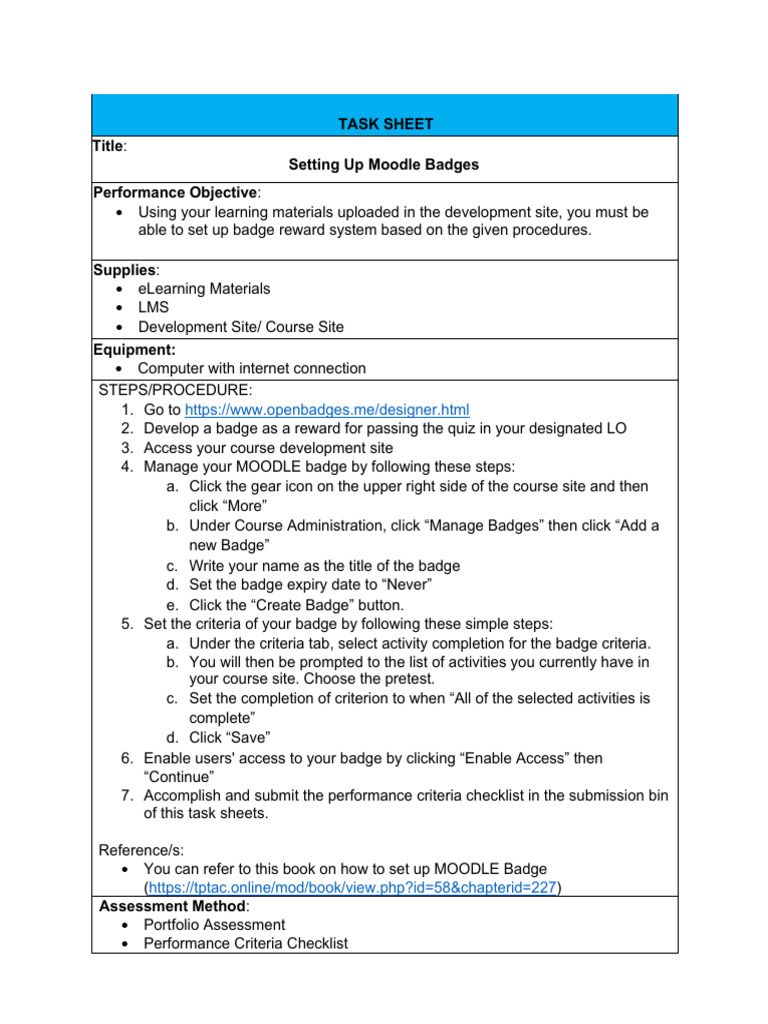 14 TASK SHEET - Setting Up MOODLE Badge (Revised) | PDF | Cognition ... 14 TASK SHEET - Setting Up MOODLE Badge (Revised) | PDF | Cognition ...