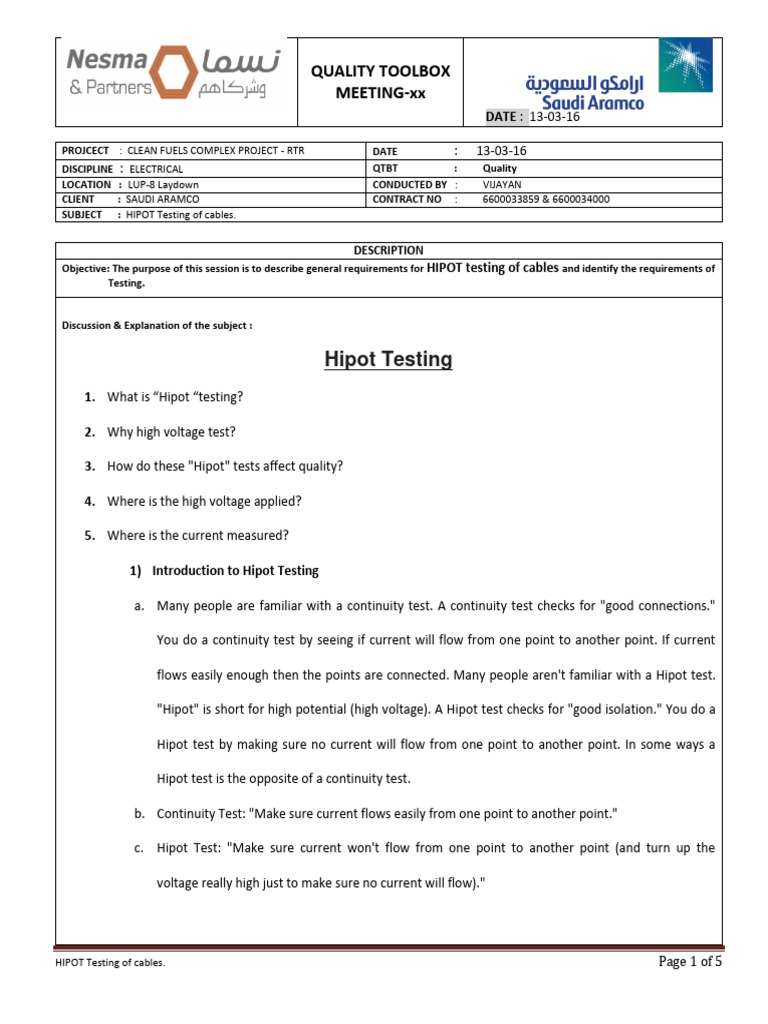 QUALITY TOOL BOX - Hipot Testing | PDF | Insulator (Electricity) | High ...