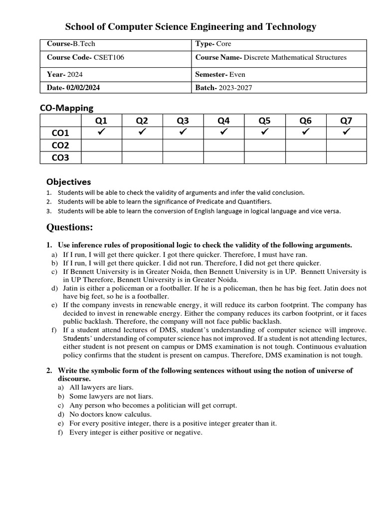 DMS Tutorial Sheet 4 | PDF | Logic | Truth DMS Tutorial Sheet 4 | PDF | Logic | Truth
